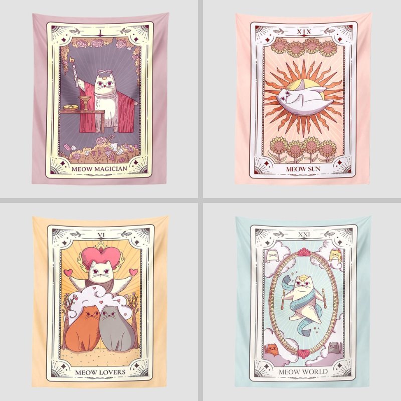 Kawaii Tarot Cat Tapestry Wall Decor - Super Kitty Cats